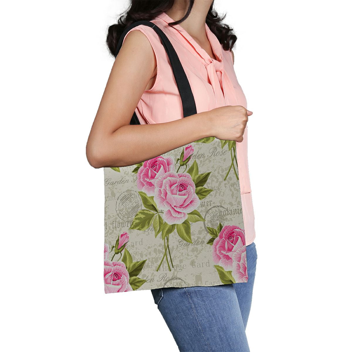 ABPHQTO Floral Pink Roses Canvas Bag Reusable Tote Grocery Shopping ...