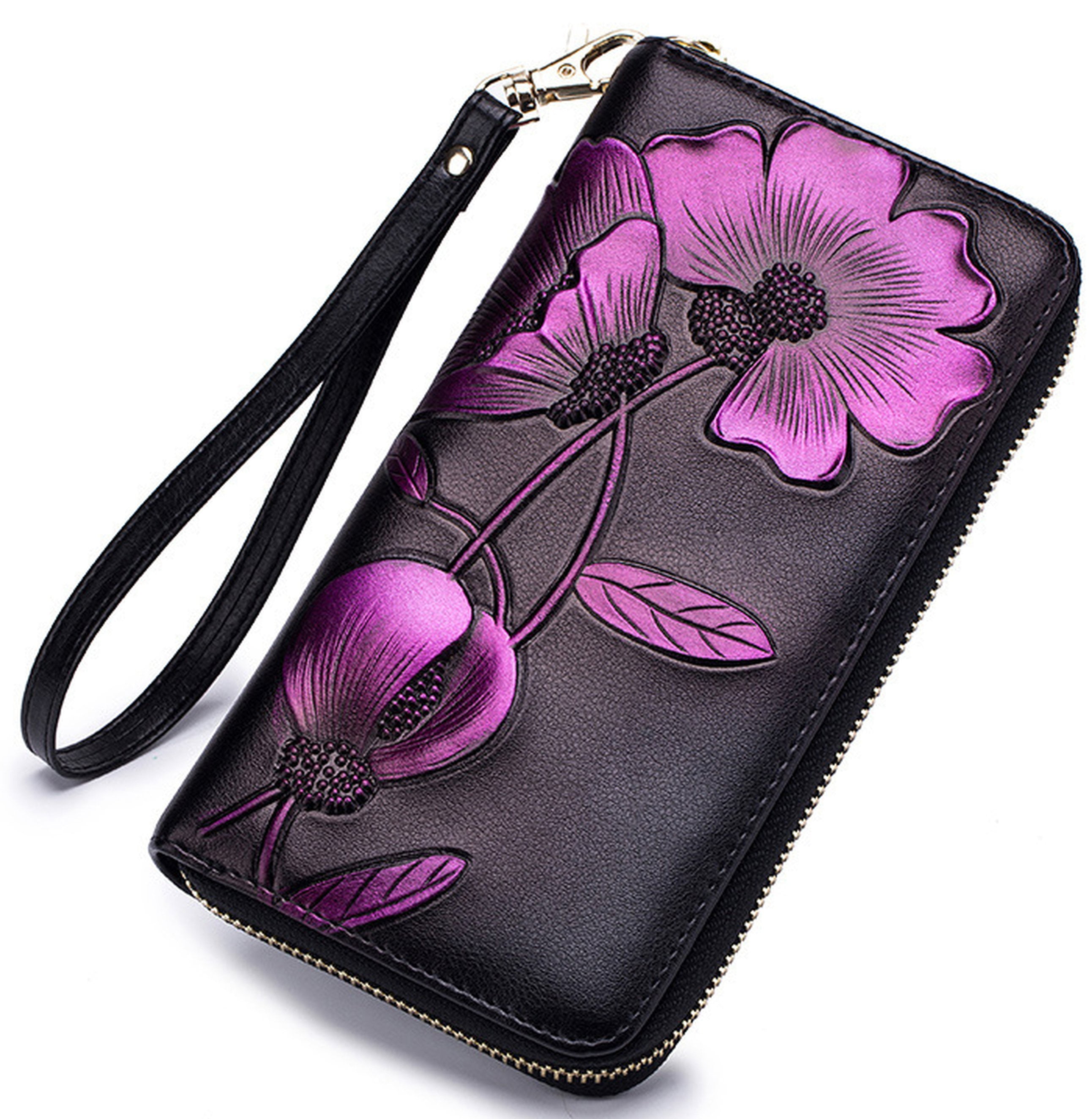 Ayli Women's RFID Block Leather Floral Zip Around Cell Phone Clutch ...