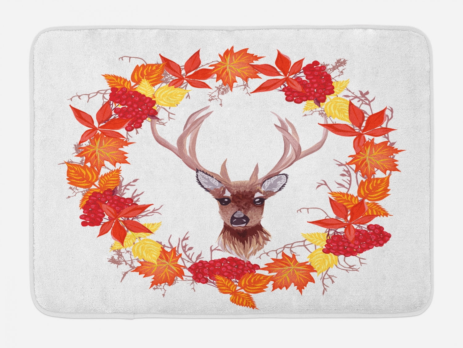 Fall Bath Mat, Reindeer Head in Rounded Floral Wreath Frame Made with ...