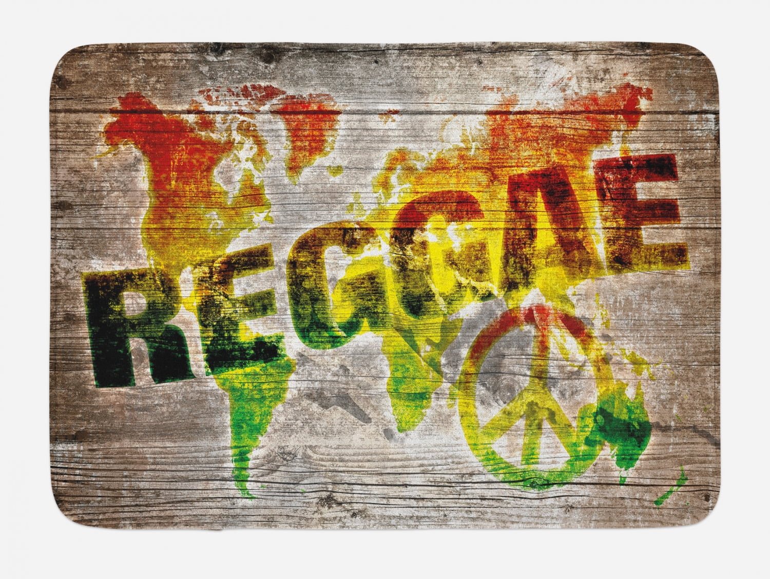 Rasta Bath Mat, World Map on Plaques with Reggae Lettering and Peace ...