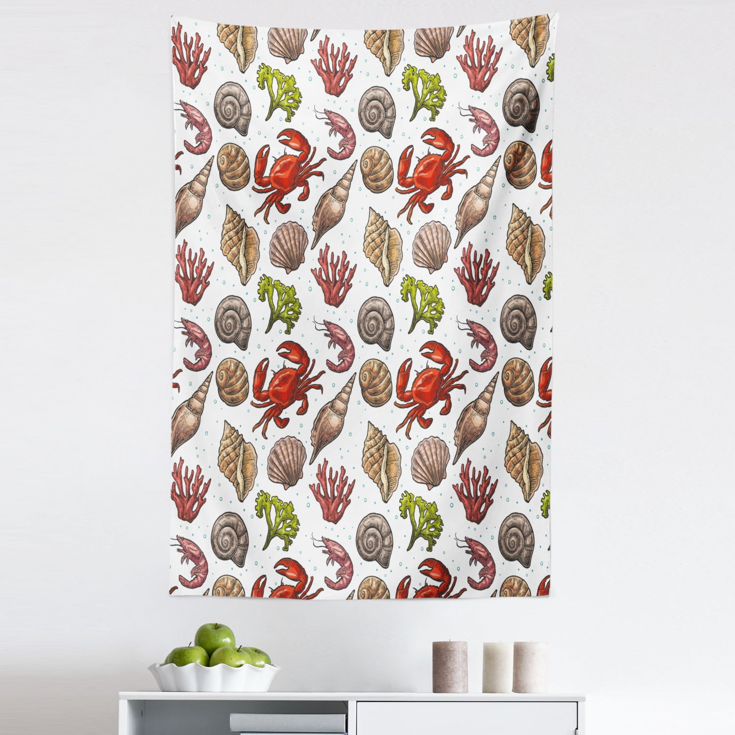 Sea Shells Tapestry, Maritime Pattern Shrimp Crab and Coral Design ...