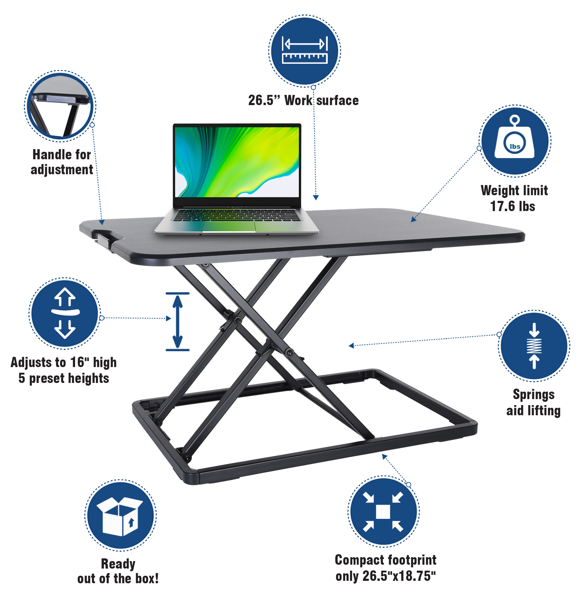 Conquer Compact Standing Desk Height Adjustable Monitor Rise Tabletop ...