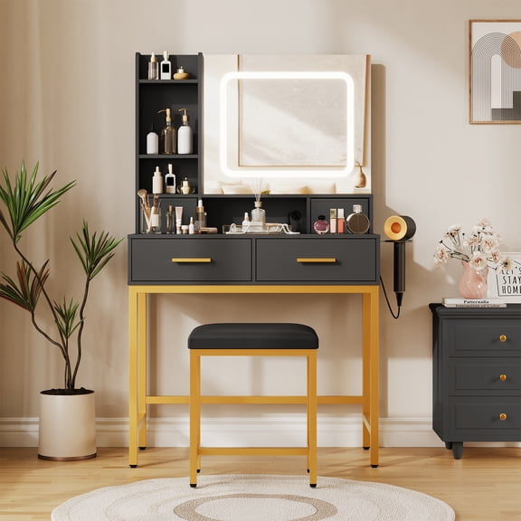Black Vanity Desk Set With LED Mirror, Stool and Power Outlet for ...