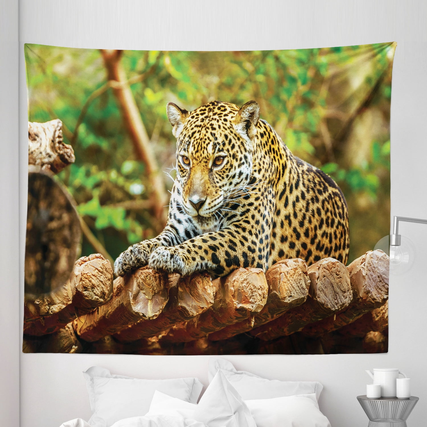 Zoo Tapestry, Jaguar on Wood Floor Wildlife Animals Feline Big Cat ...