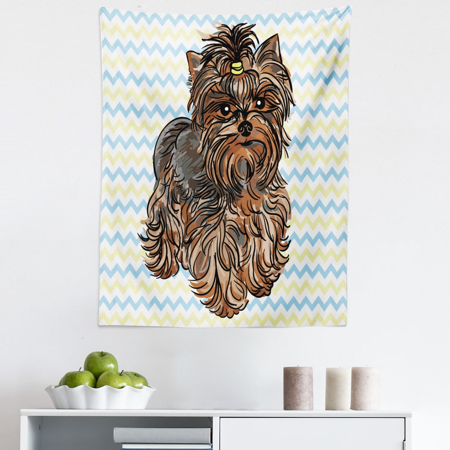 Yorkie Tapestry, Brown Yorkie with Evenr Buckle on Its Head Drawing on ...