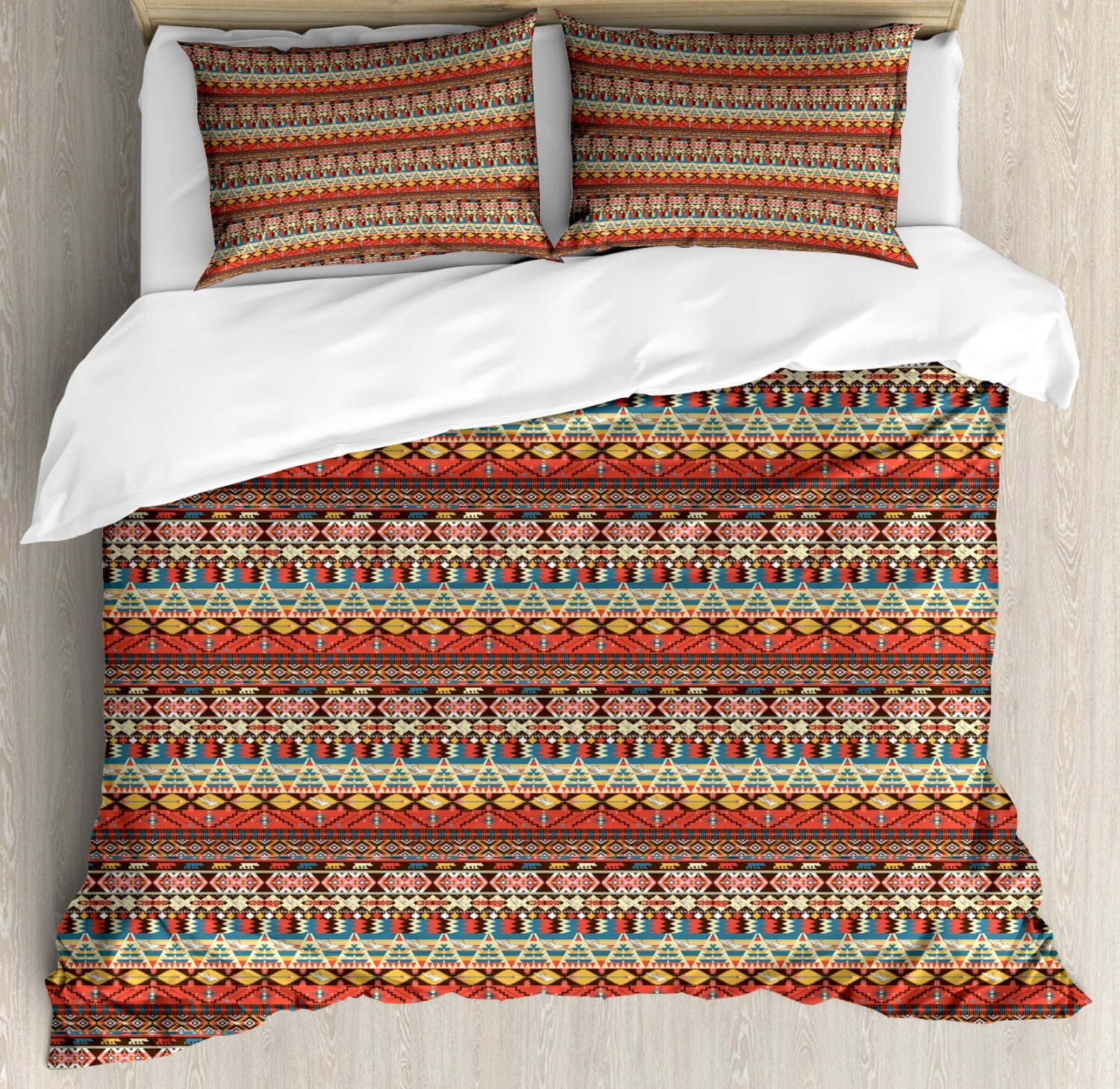 Colorful Queen Size Duvet Cover Set, Aztec Pattern with Birds Flowers ...