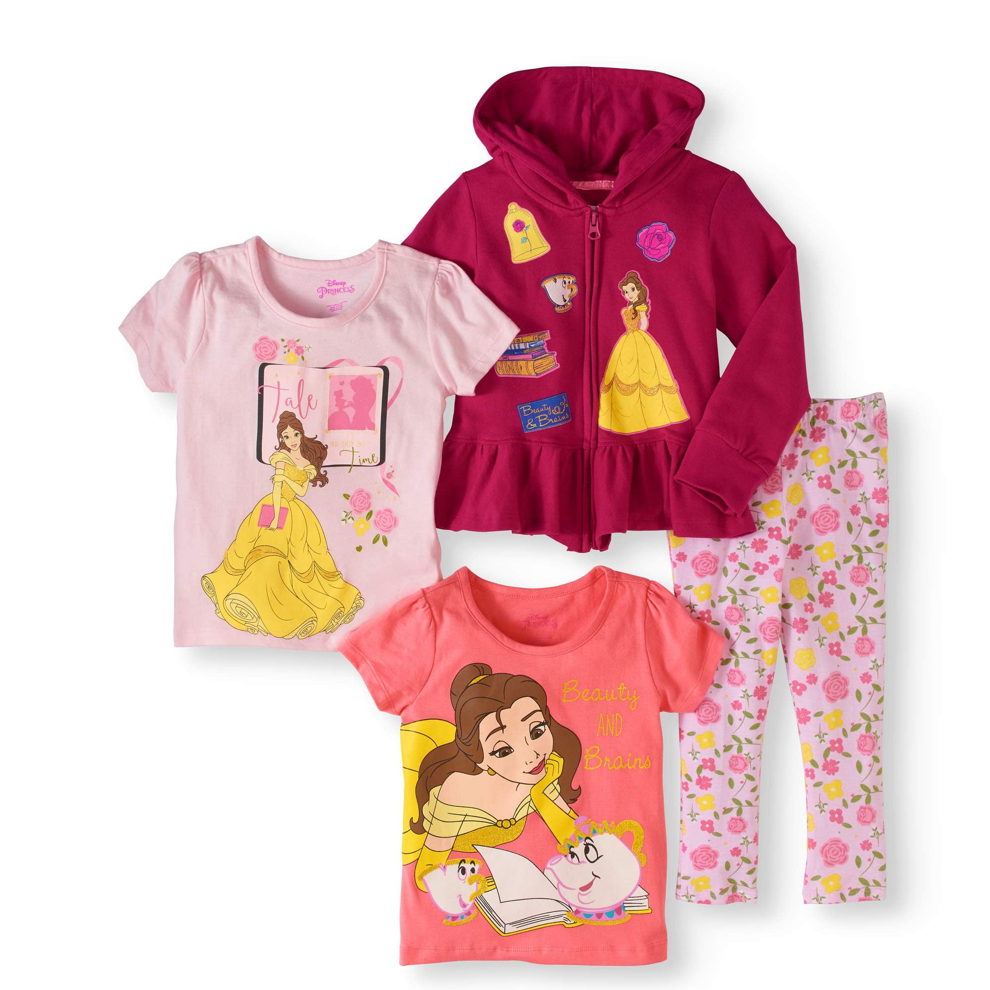 Disney Princess Little Girls' Belle Hoodie, 2 Pack T-Shirt and Legging ...
