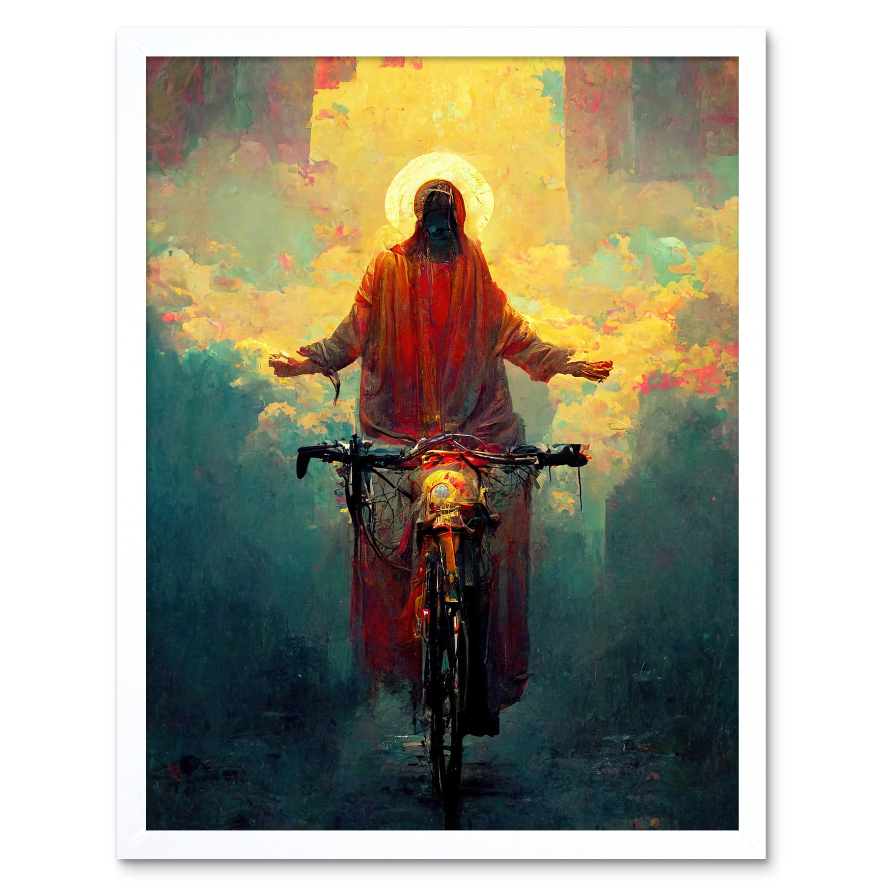 Jesus Christ On A Bike With A Bright Cloud Cross Art Print Framed ...