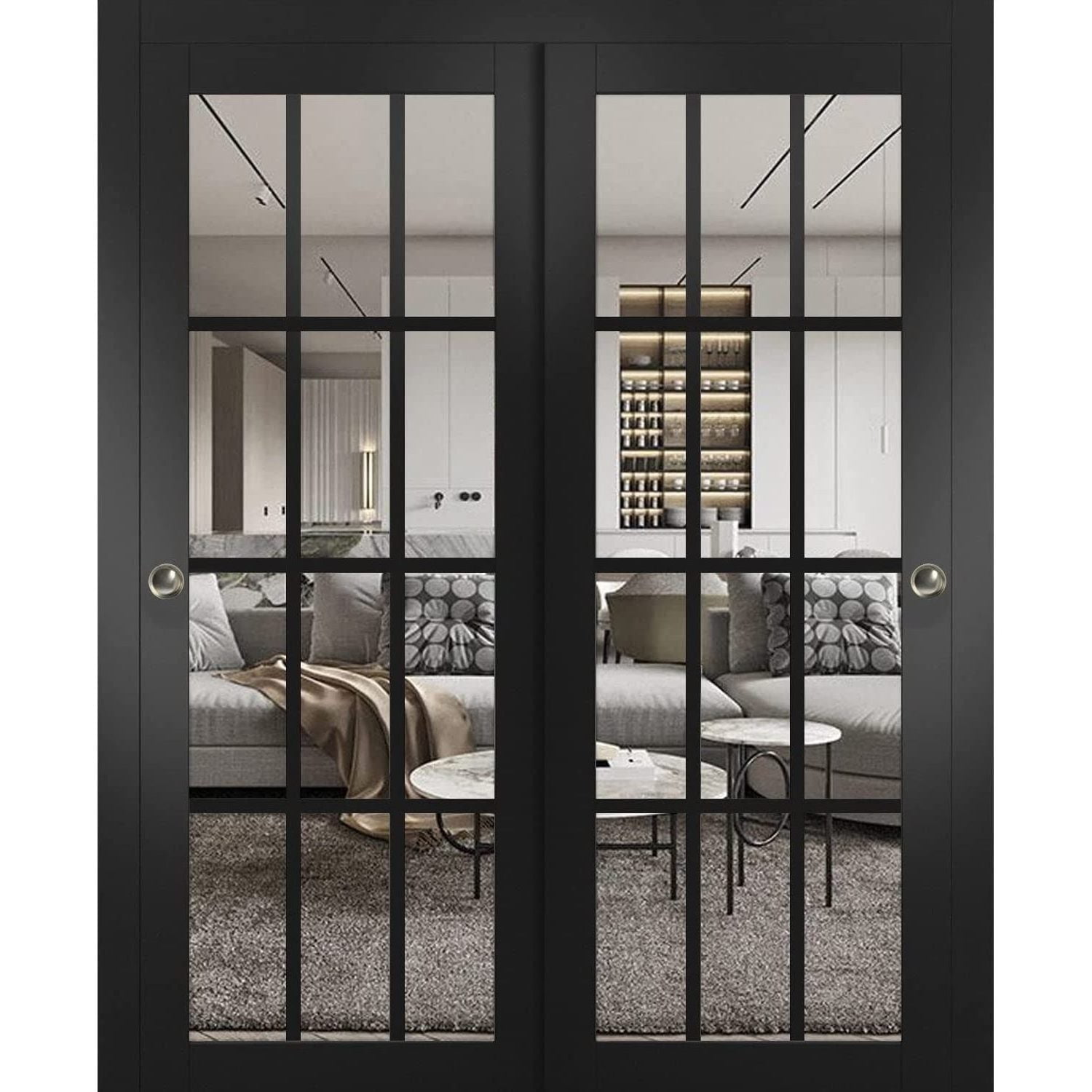 Sliding Closet Bypass Doors | Felicia 3355 Matte Black with Clear Glass | Sturdy Rails Moldings ...