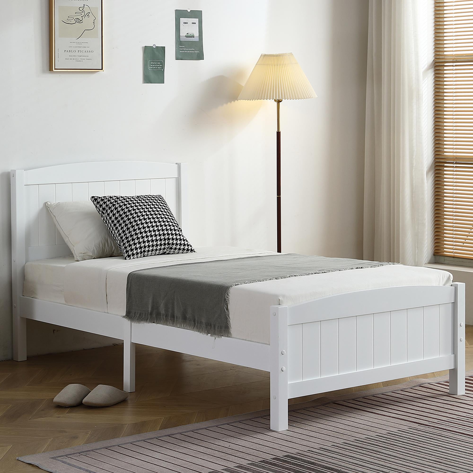 BTMWAY White Wooden Twin Platform Bed Frame with Headboard and ...