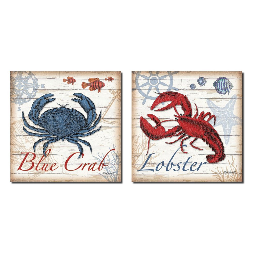 2 Nautical Blue Crab and Red Lobster Prints; Two 12x12in Poster Prints ...