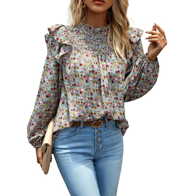 Womens Blouses and Tops Boho Floral Print Long Sleeve Shirts and Tops ...