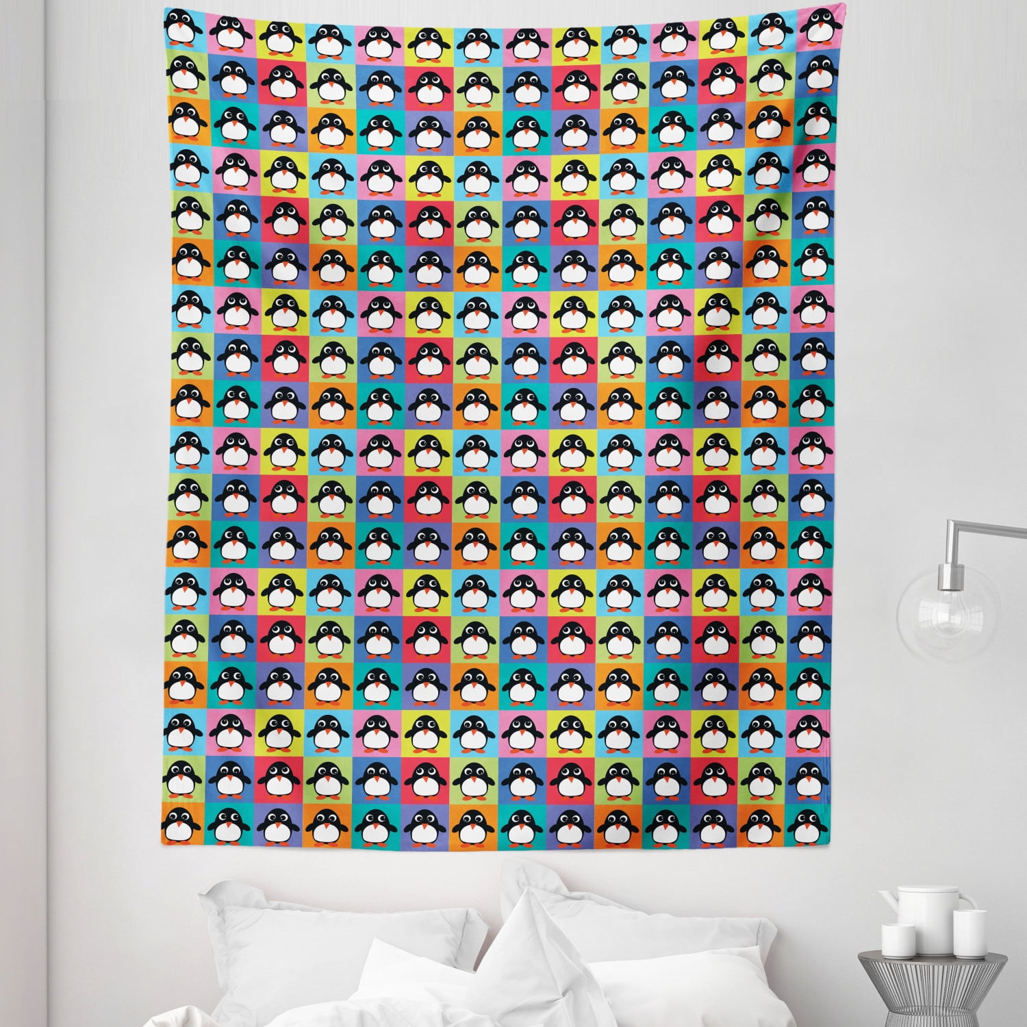 Penguin Tapestry, Rainbow Colored Checkered Squares Pattern with Arctic ...