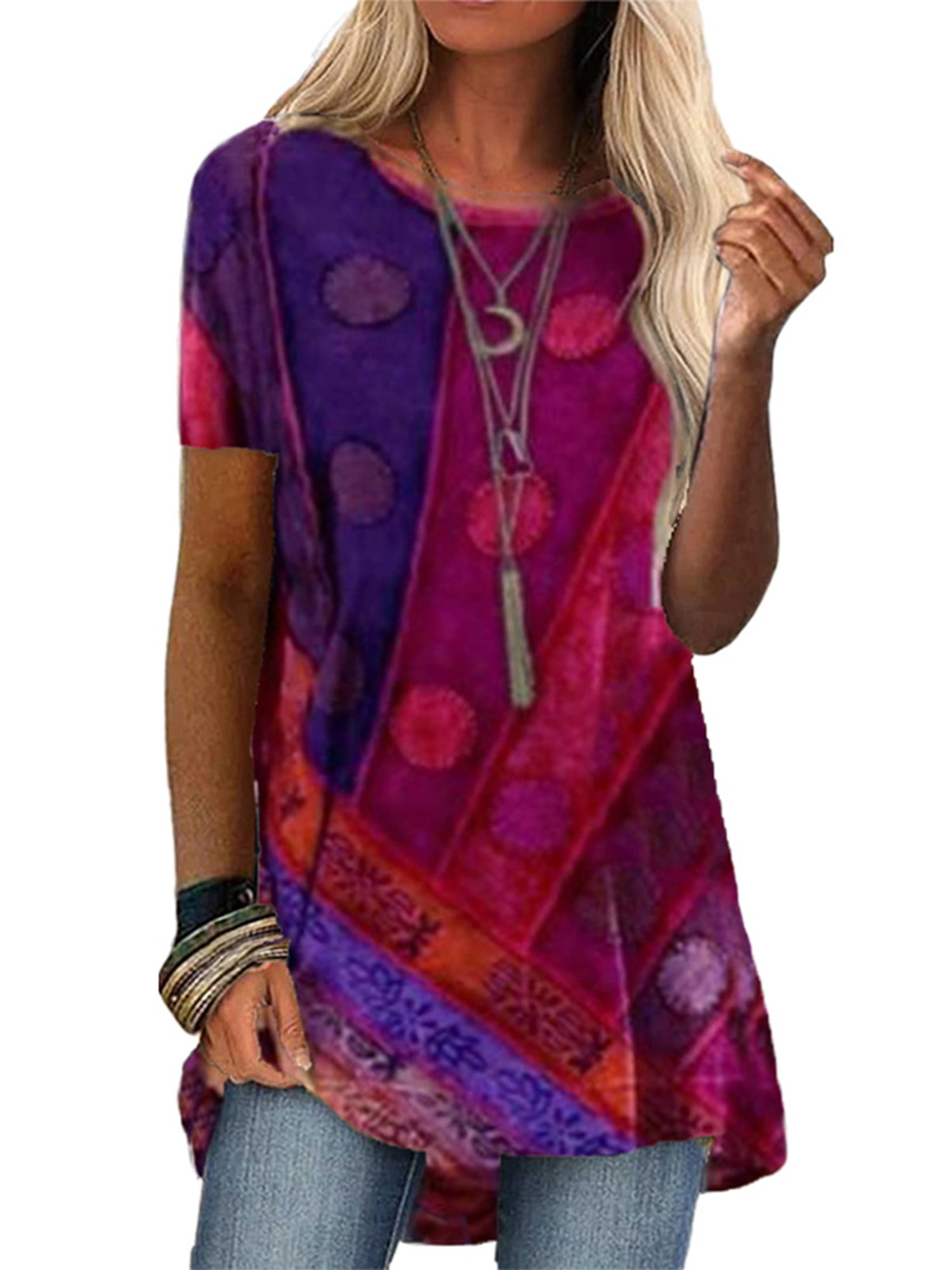 Women Summer Flowy Tops Plus Size Short Sleeve Tunic Shirt Casual ...