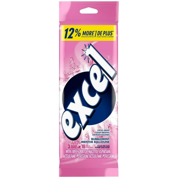 EXCEL, Bubblemint Flavoured Sugar Free Chewing Gum, 18 Pieces, 3 Packs ...