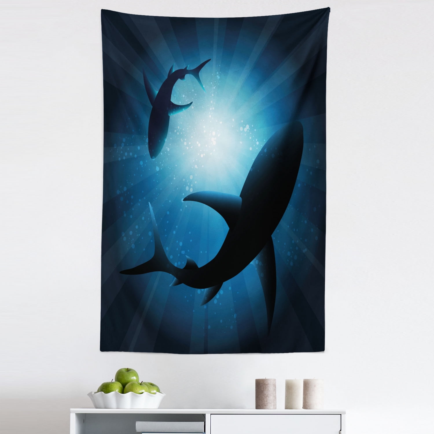 Shark Tapestry, Silhouette of the Fishes Swimming at Twilight Night ...
