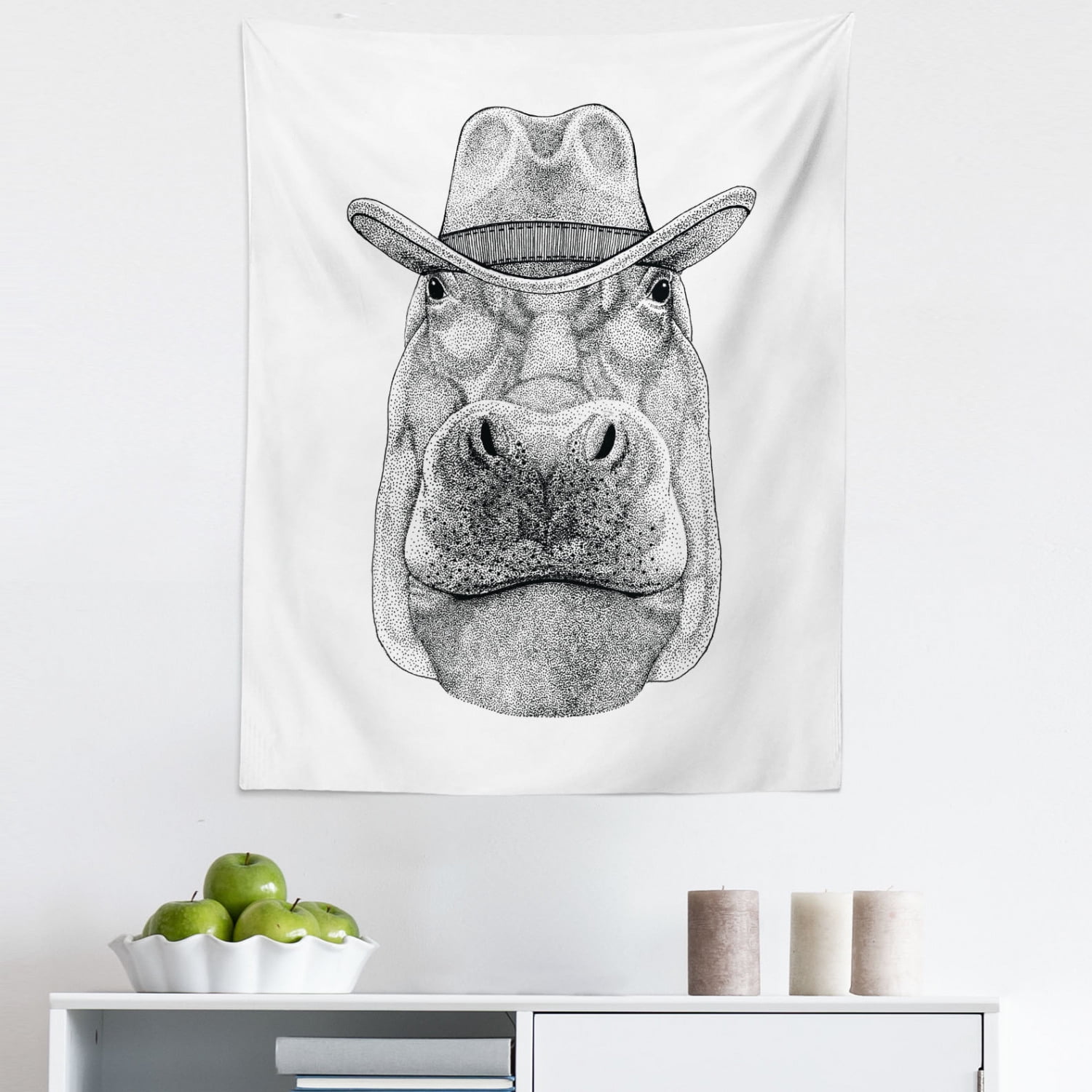 Hippo Tapestry, Behemoth Animal Wearing Cowboy Hat Wild West Inspired ...