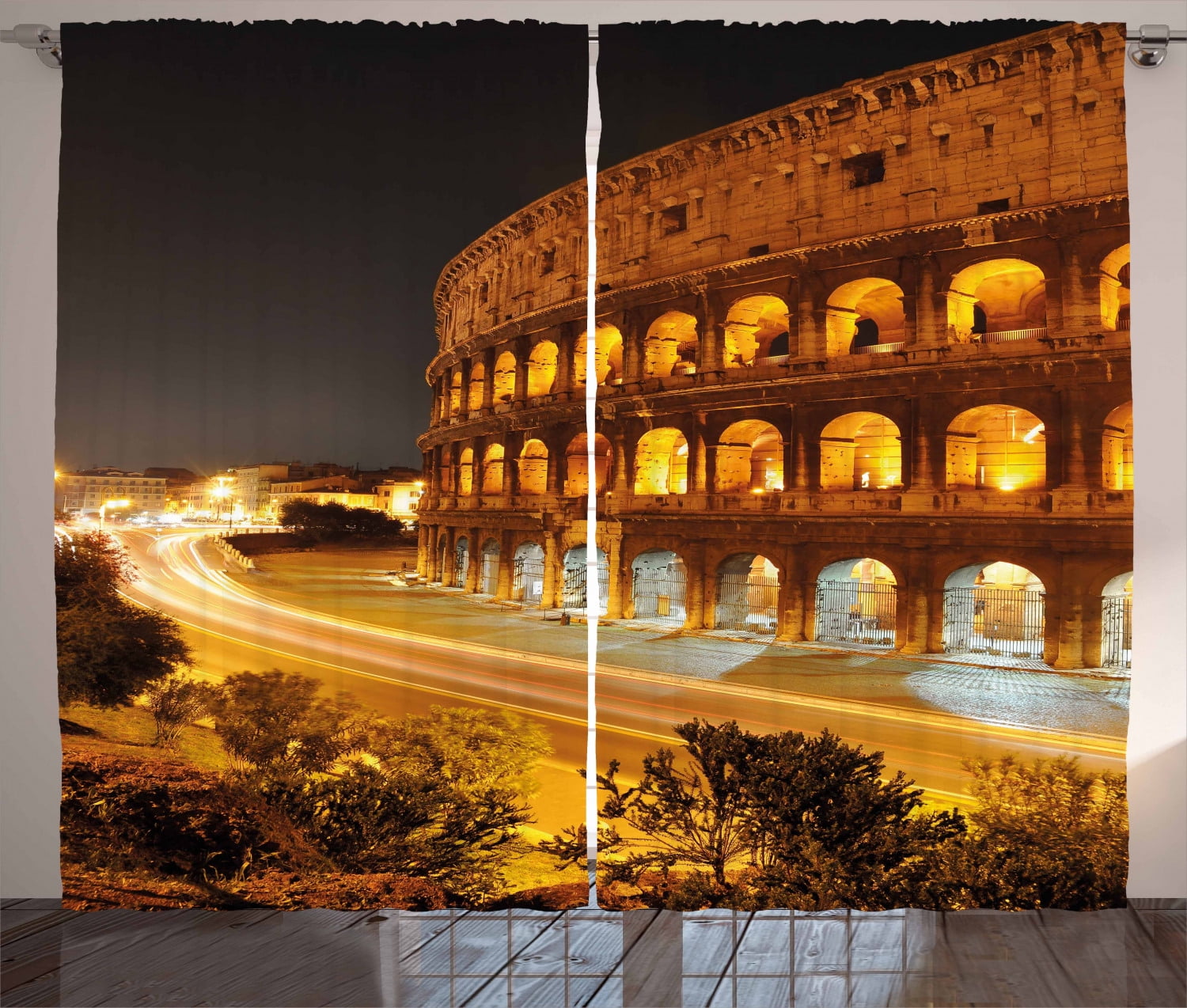 Italy Curtains 2 Panels Set, Colosseum at Night Scenery Rome European ...