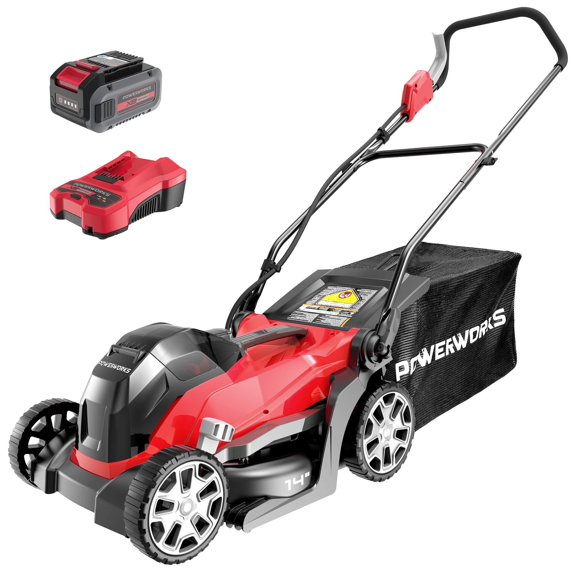 POWERWORKS XB 40V 14" Cordless Push Mower, 4Ah Battery and Charger ...