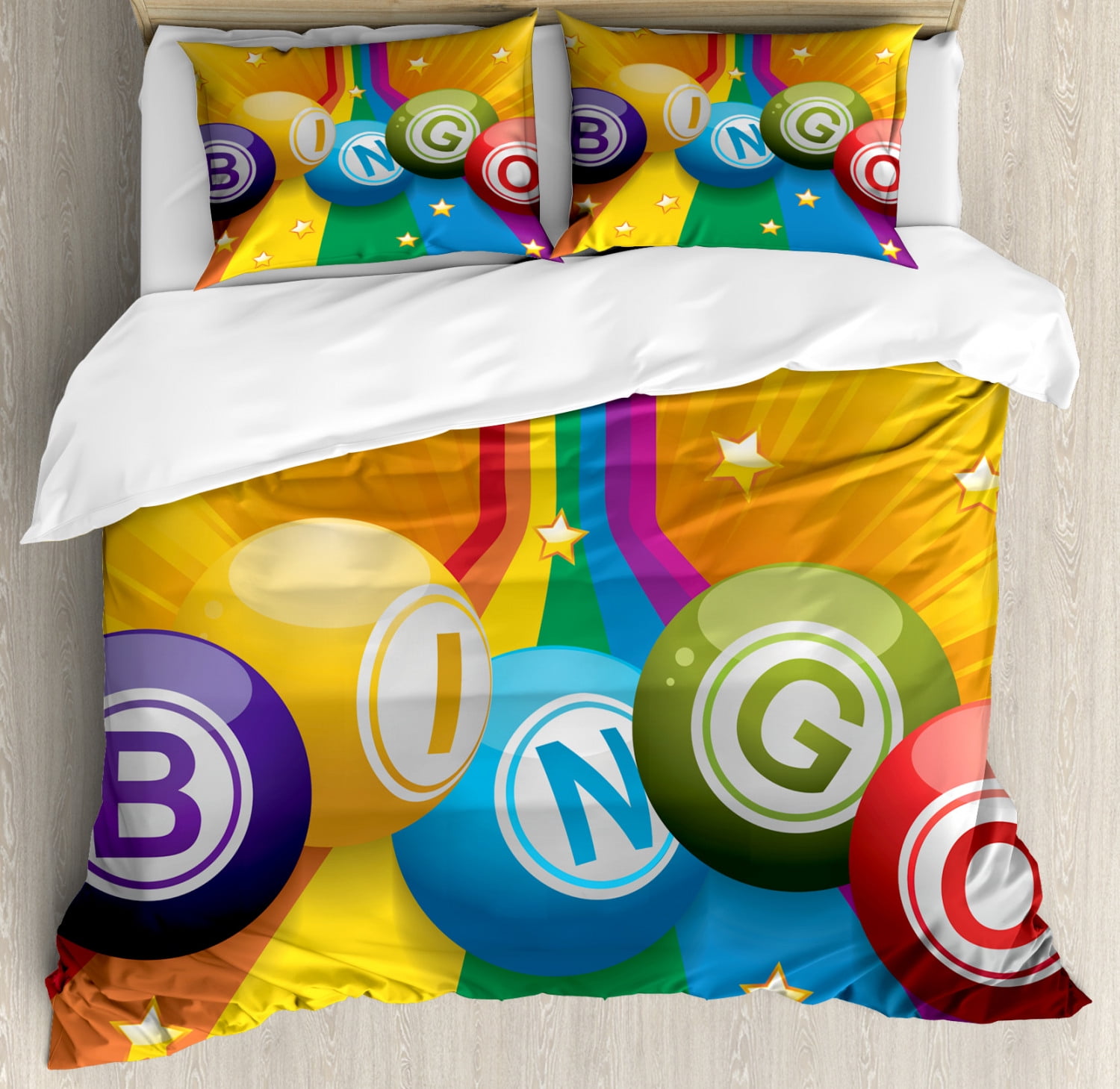 Bingo Duvet Cover Set King Size, Colorful Bingo Balls on Rainbow over ...