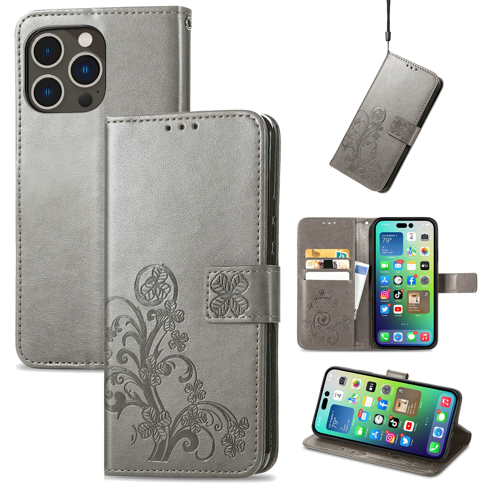 for iPhone 14 Pro Wallet Case, [Flower Embossed] Premium PU Leather ...