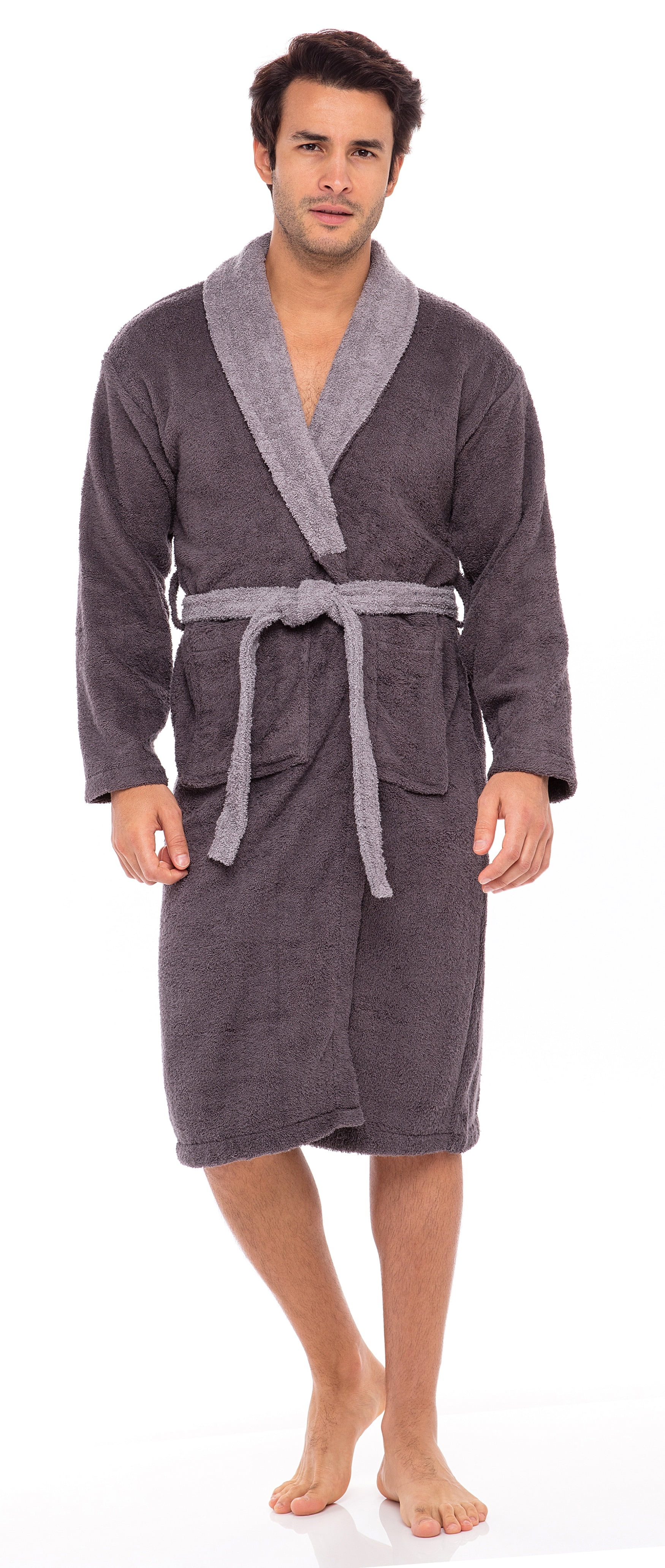 Men Robe Terry Cotton Shawl Collar Bathrobe Spa Robes Housecoat Terry ...