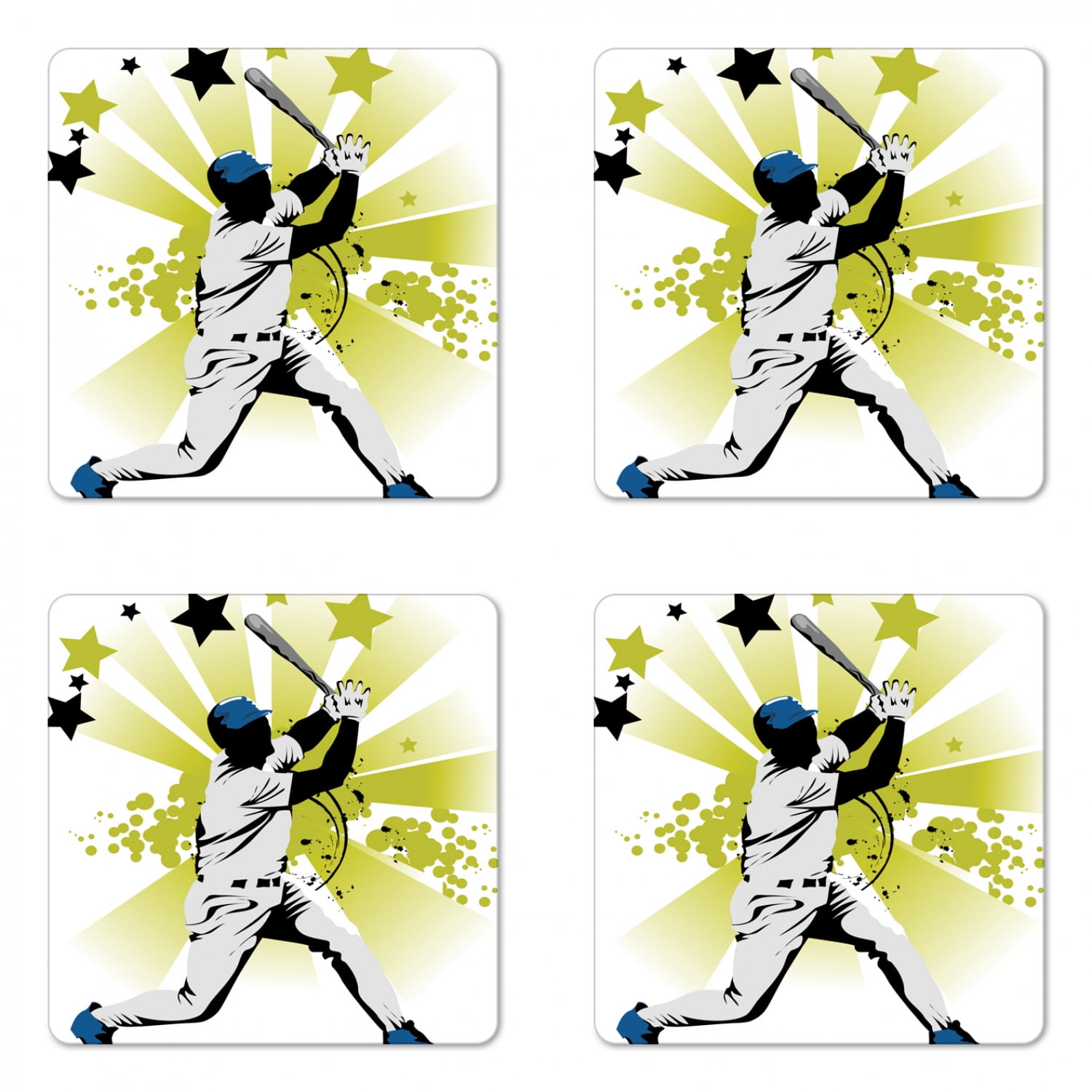 Baseball Coaster Set of 4, Pitcher Hits the Ball Fast Stars All over ...