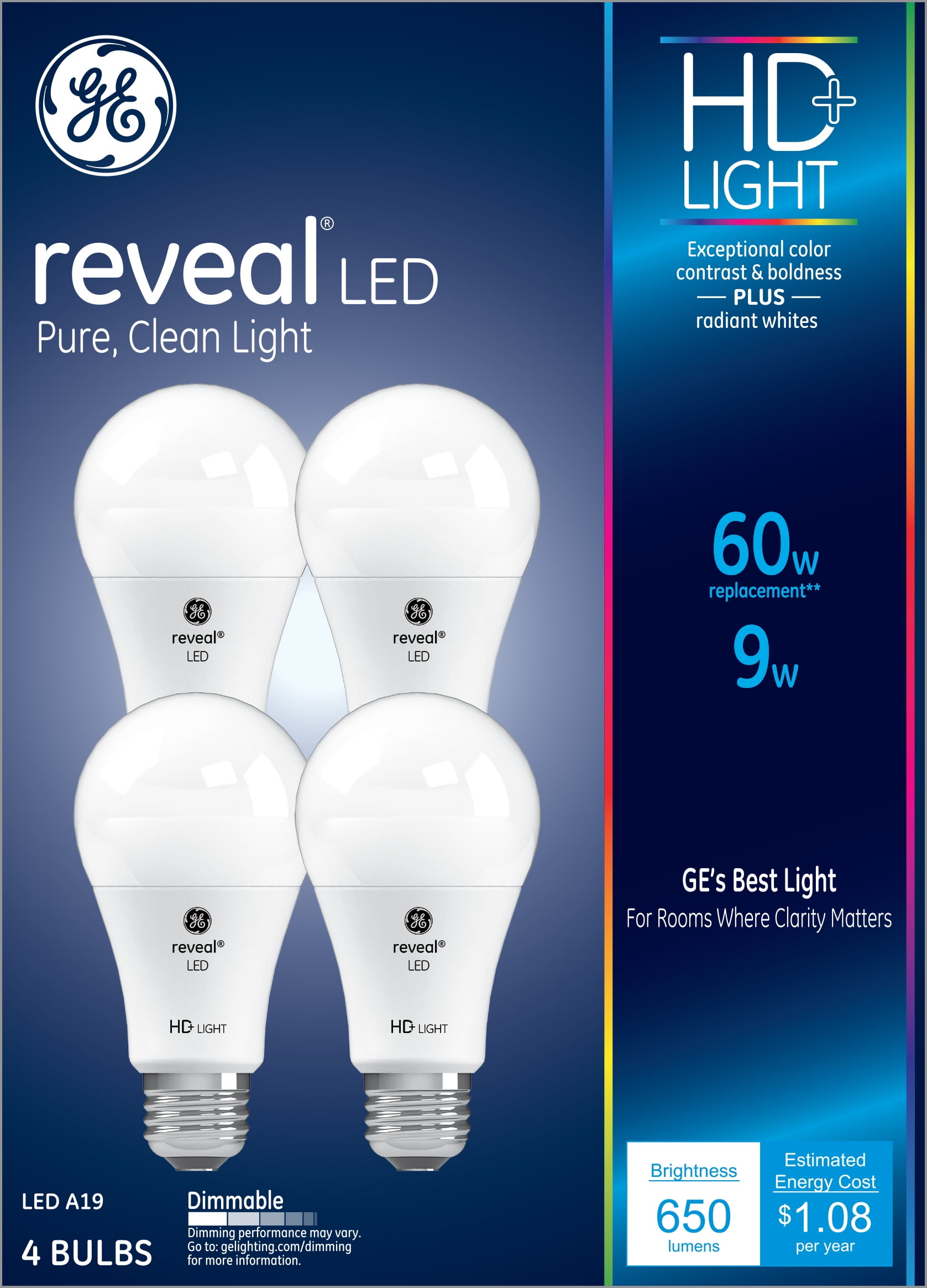 GE Reveal HD LED Light Bulbs, 60 Watt Eqv, A19 General Purpose Bulbs, 4pk - Walmart.com