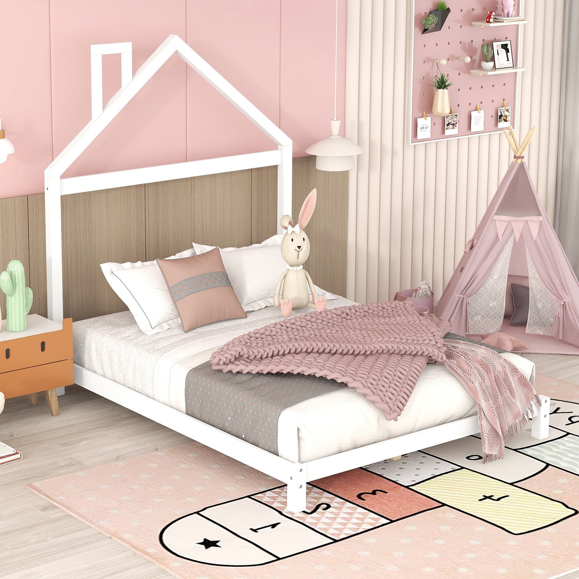 Bellemave Full Size Kids Bed Frame with House-Shaped Headboard, Solid ...