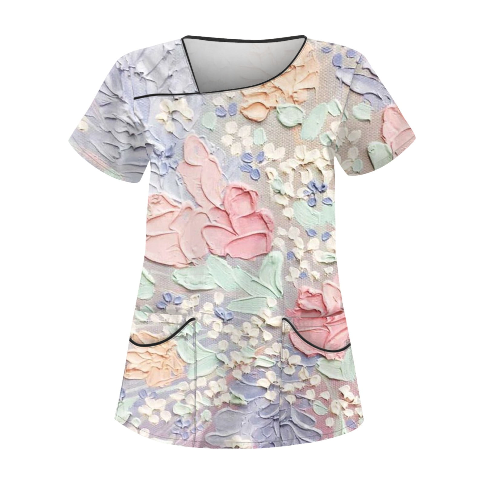 EHTMSAK Printed Scrub Tops for Floral with Pocket Short Sleeve V-Neck ...
