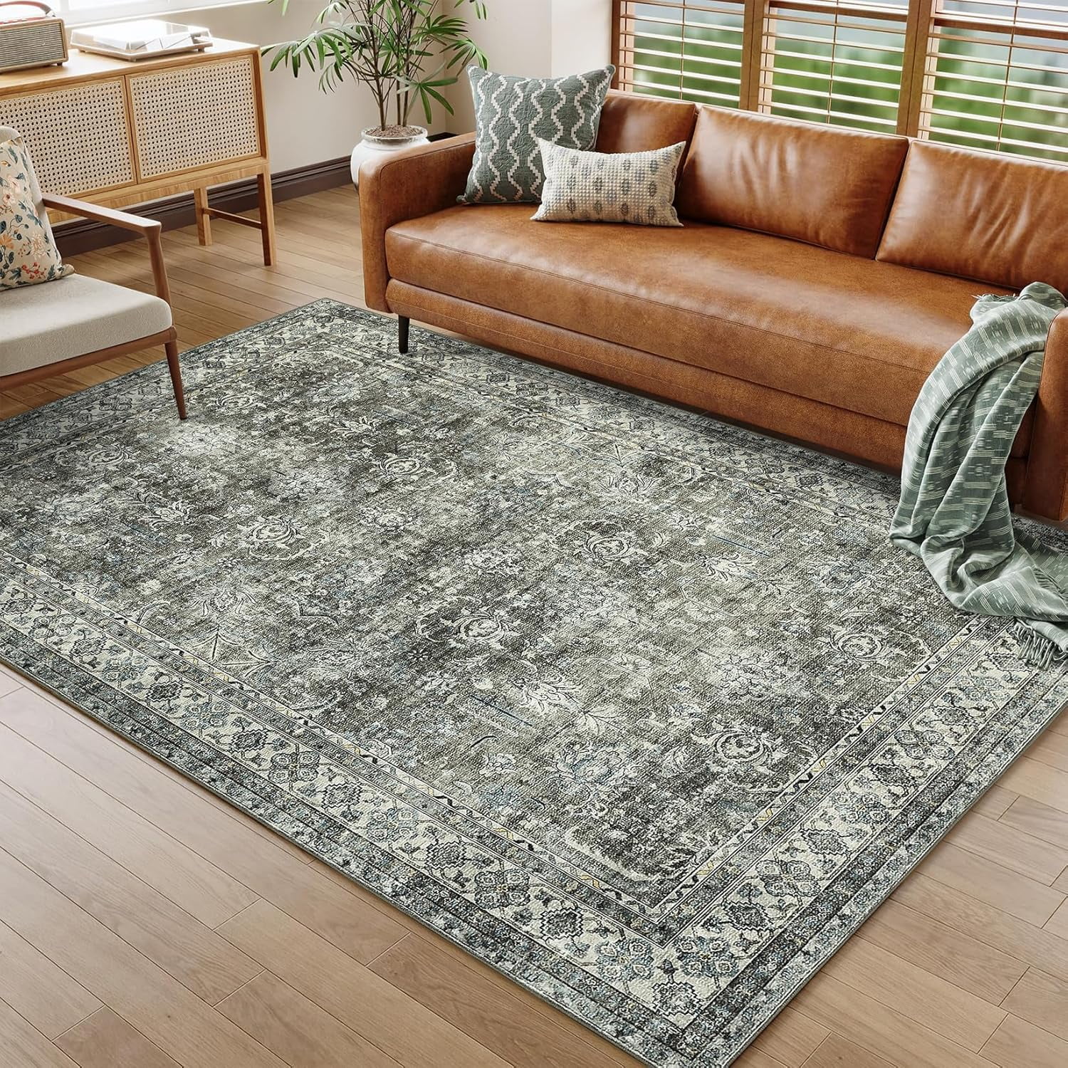 YUSAZENS 4x6 Vintage Washable Area Rug, Non-Slip Farmhouse Boho ...