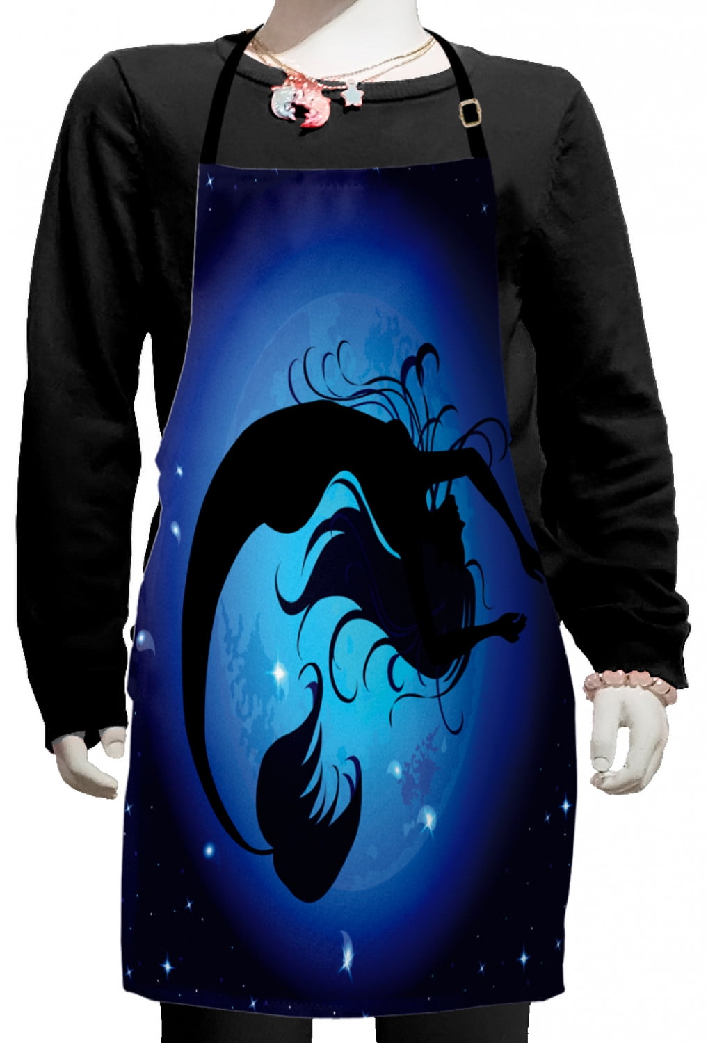 Mermaid Kids Apron, Silhouette of Aquatic Girl on Moon Sky Background ...