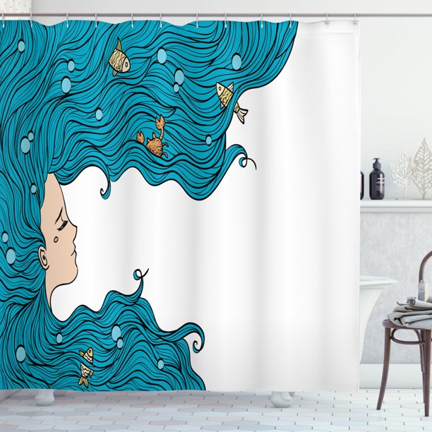 Mermaid Decor Shower Curtain Set Girl With Big Hair Hairstyle Fly Away