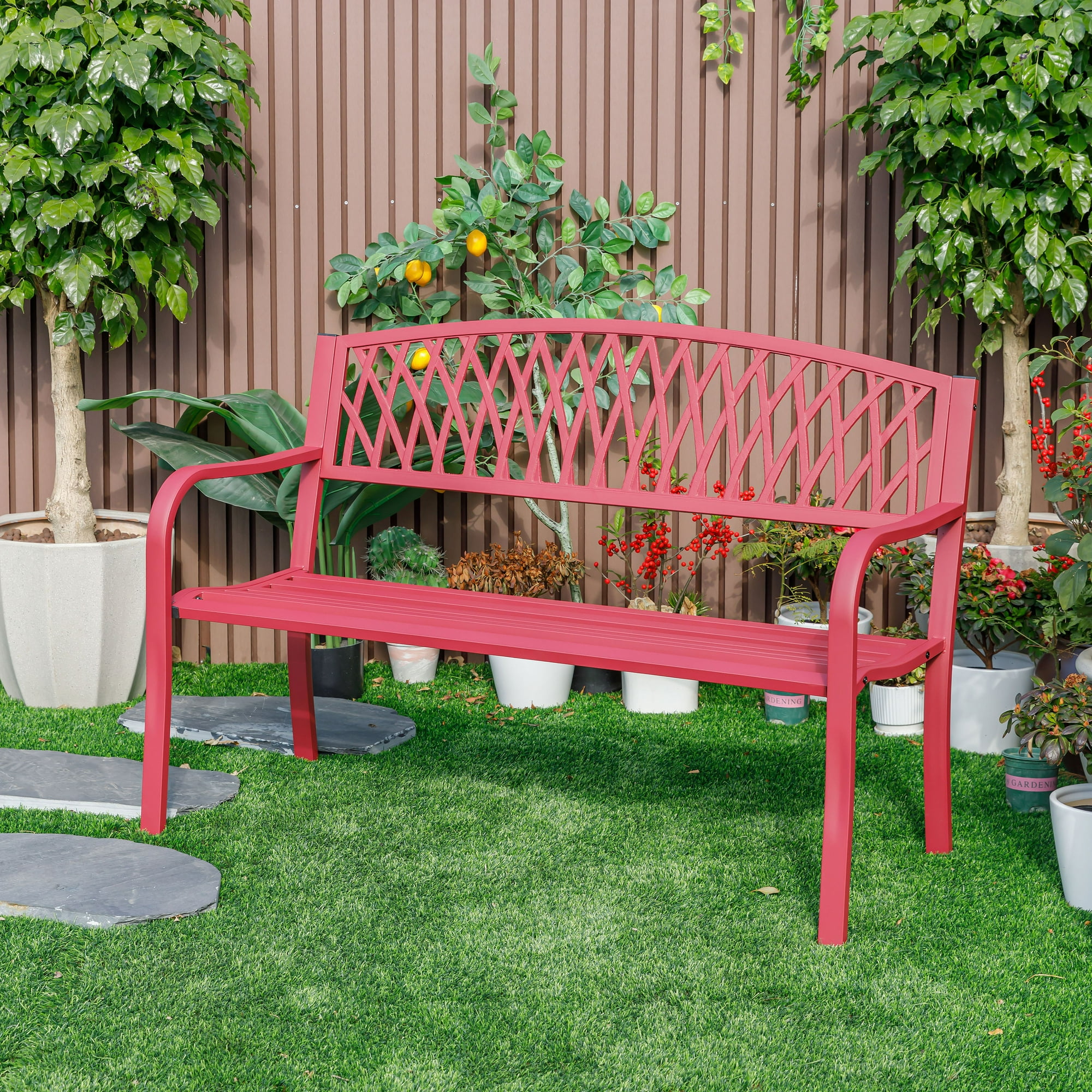 Click here for Hi-Line Gift 50 L Metal Garden Bench Red Criss Cro... prices
