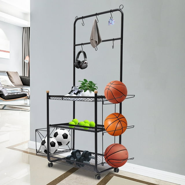 3-Tier Metal Sports Equipment Organizer Ball Storage Rack Stand Garage ...