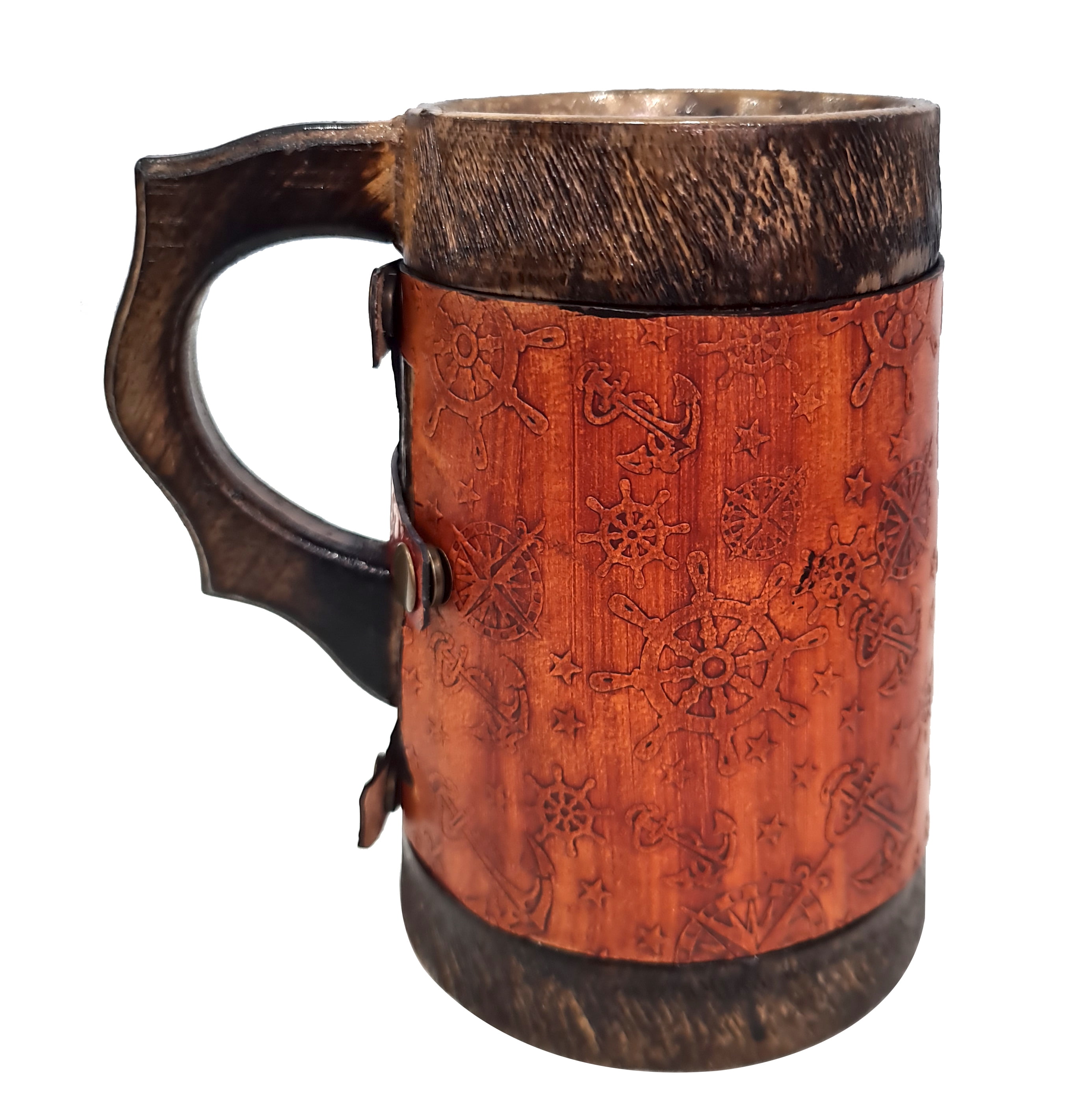 Ancient Wooden Leather Wrapped Hand Carved Beer Tankard Bar Drinkware ...