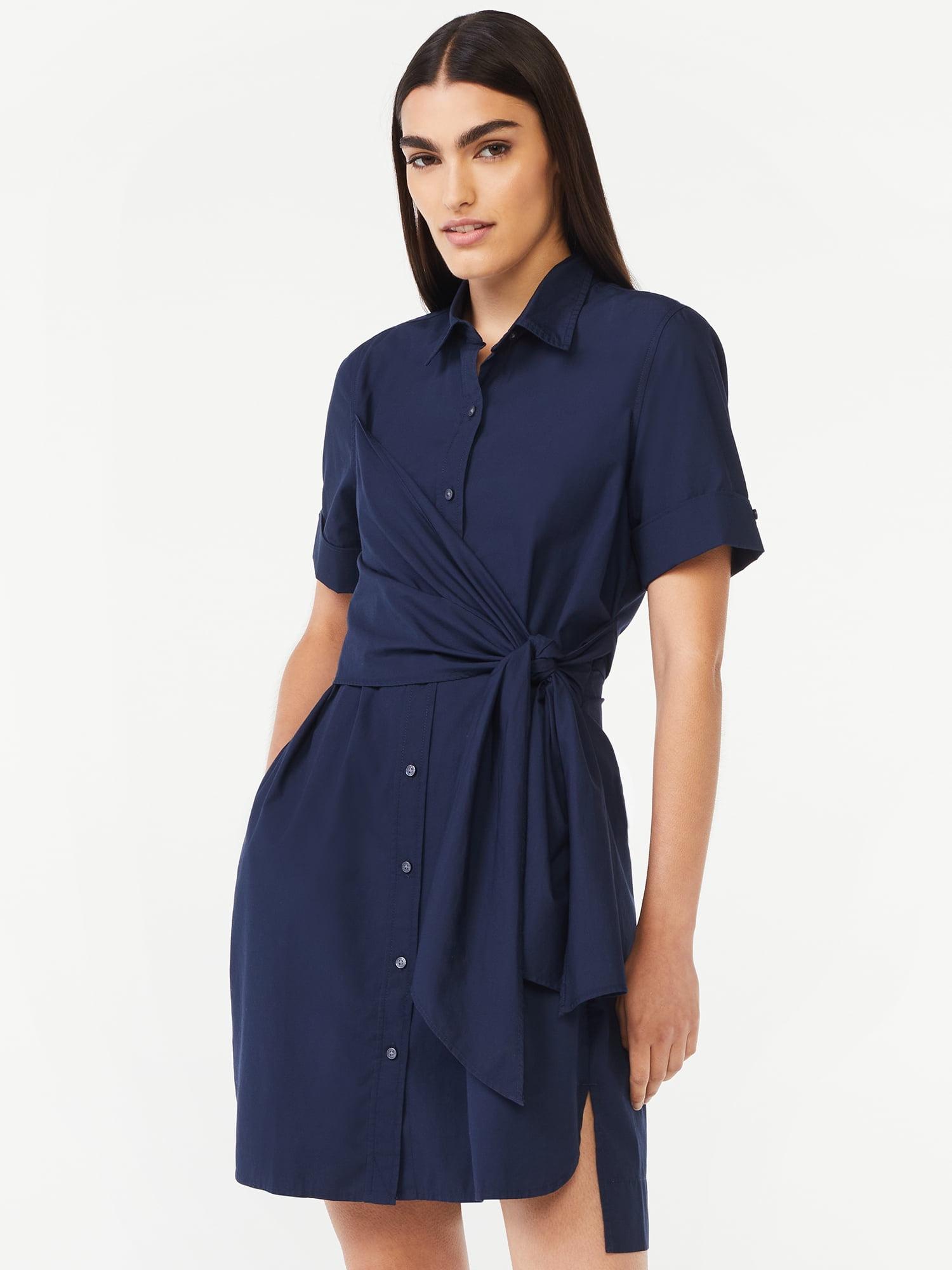 Free Assembly Women's Wrap Shirt Dress with Short Sleeves - Walmart.com