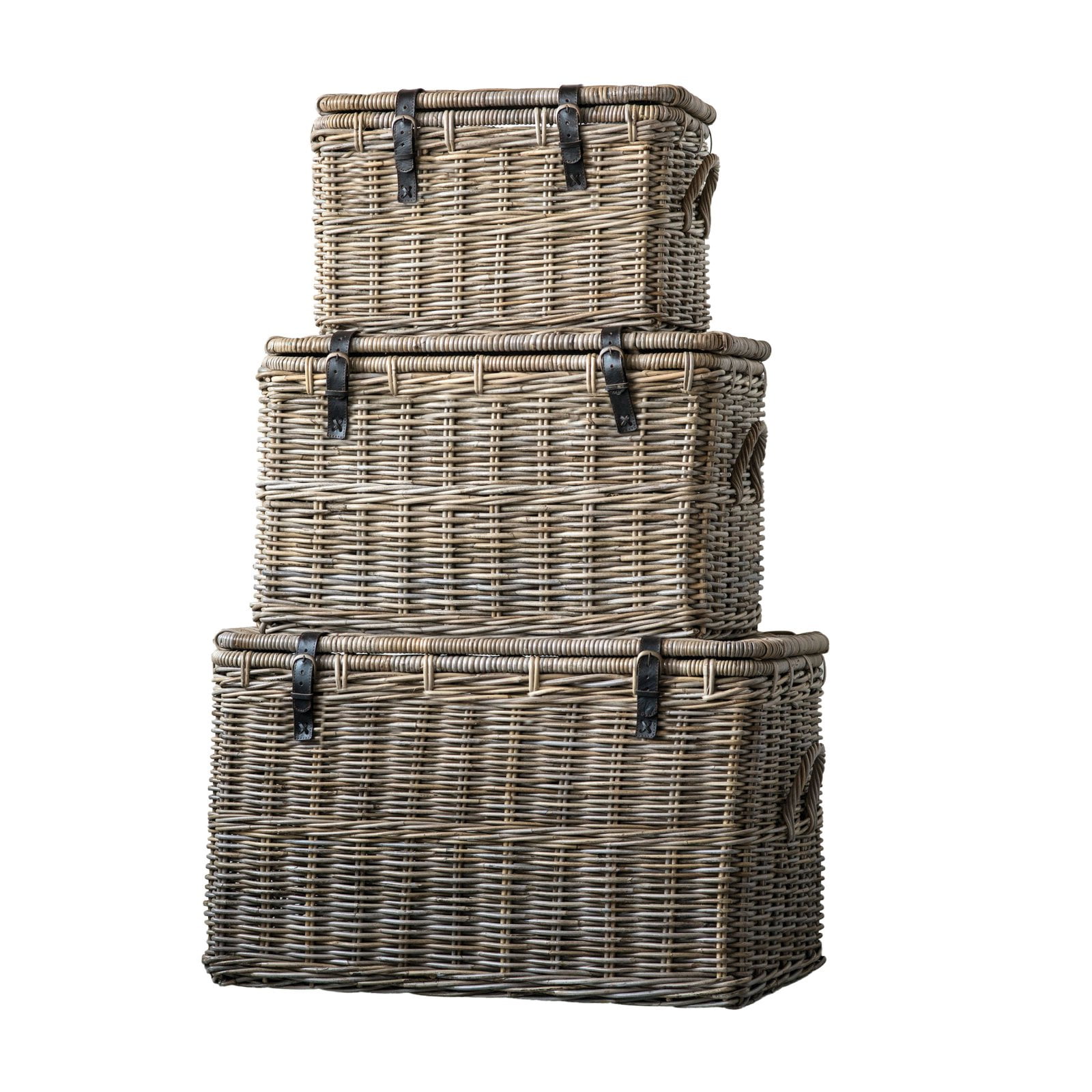3R Studios Rectangle Brown Rattan Basket with Leather Buckled Lid - Set ...