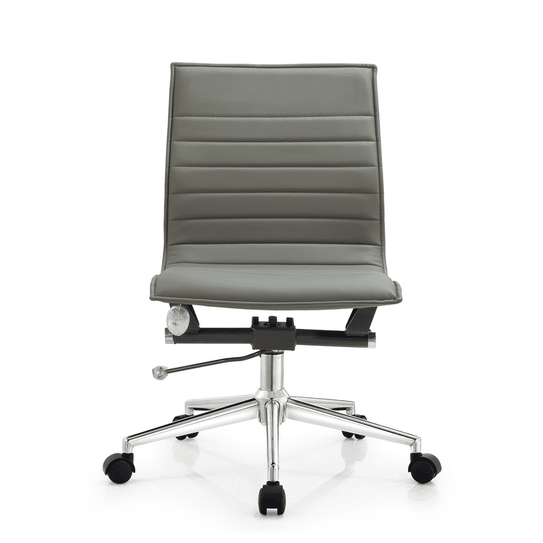 2xhome Gray Mid Century Modern Contemporary Executive Office Chair Mid Back PU Leather No Arm Rest Arms Tilt Adjustable Height with Wheels Back