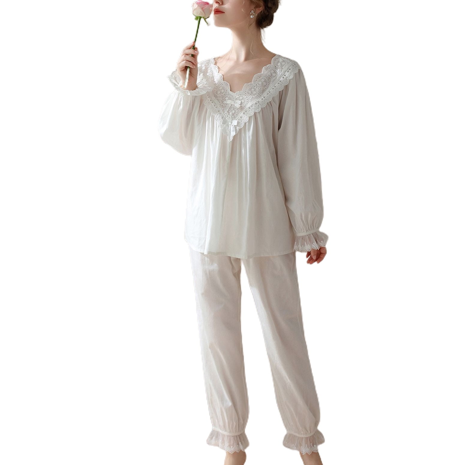 Homgro Women's Victorian Pajama Set Vintage Comfy Long Sleeve V Neck ...