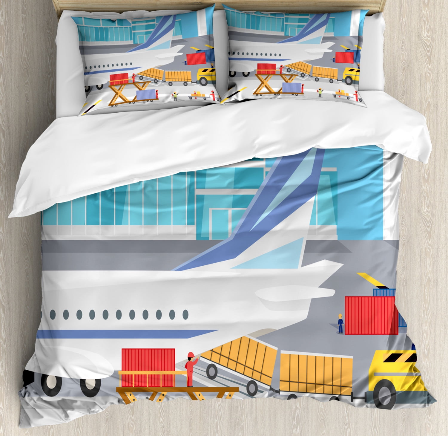 Airport Duvet Cover Set King Size, Transportation Cartoon Composition ...