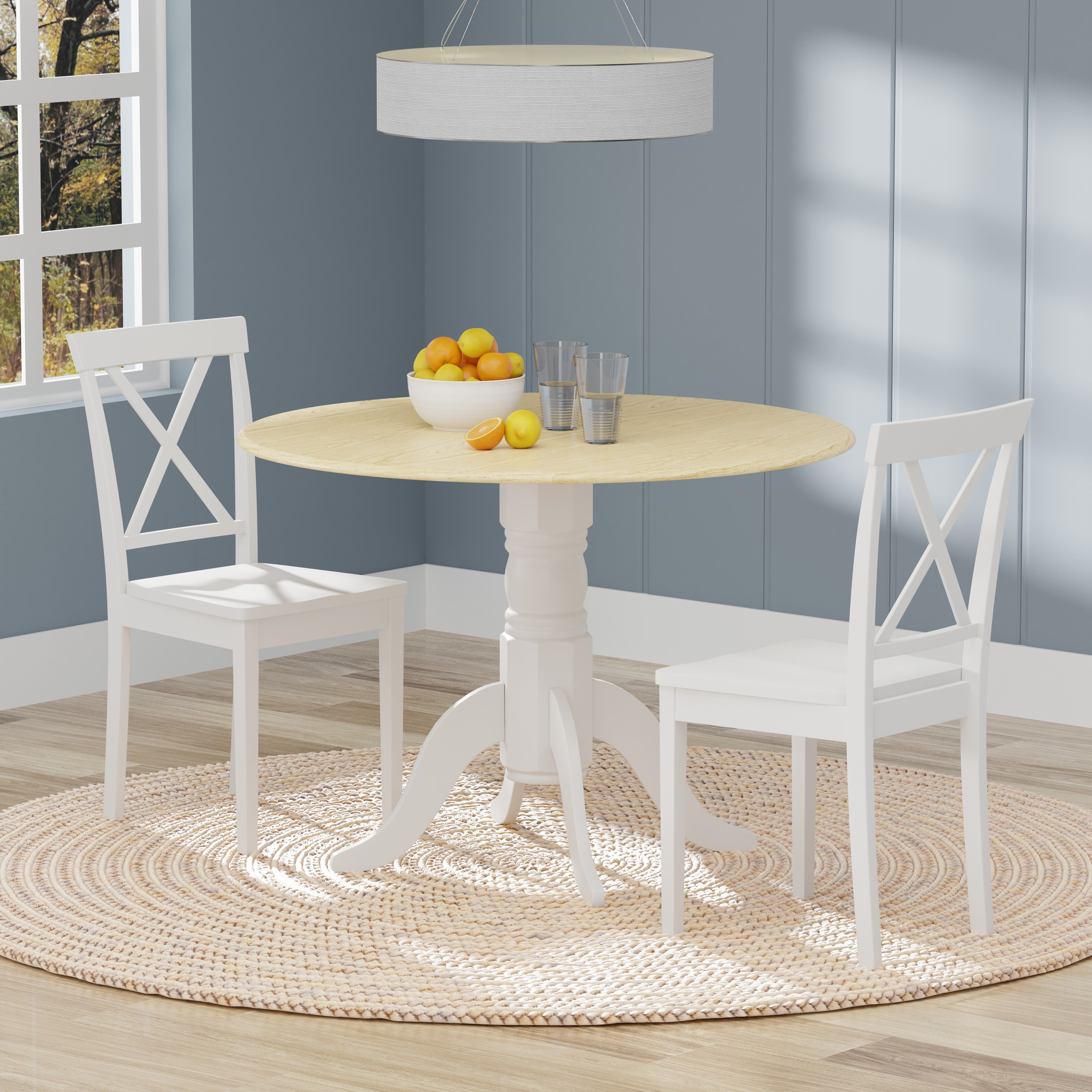 3-PC - 42" Round Double Drop-Leaf Dining Table in White/Natural + White ...