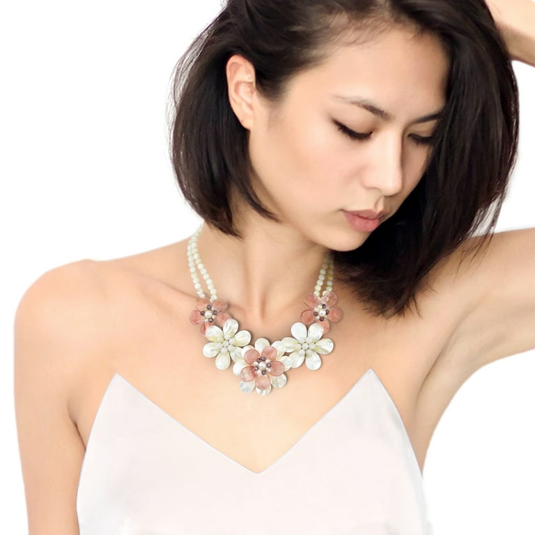 Elegant Bouquet Seashell Pearl and Pink Quartz Statement Necklace for Female Adult and Teens