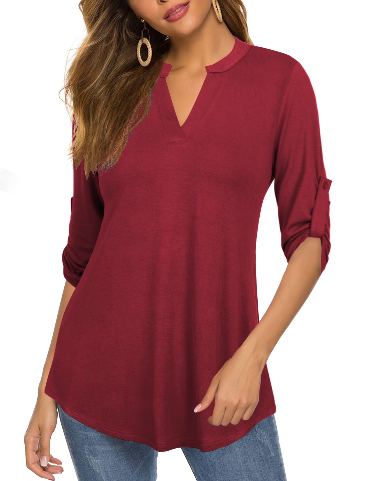 Folunsi Womens Plus Size Tunic Tops Floral Print V Neck Henley Shirts