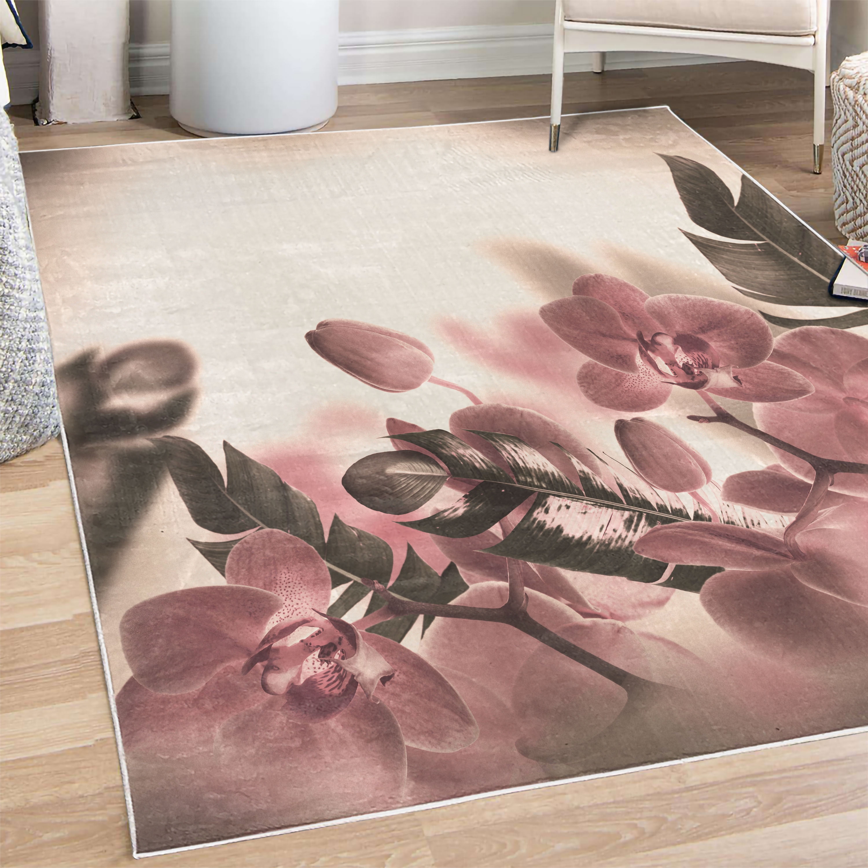 Tropical Decorative Rug, Exotic Orchids Blossom Leaves on Blurred ...