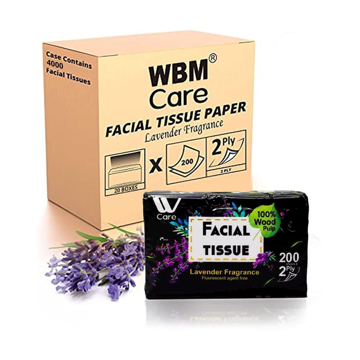 WBM Ultra Soft 2-Ply Facial Tissues, 20 Lavender Mega Tissue Pack, 200 ...