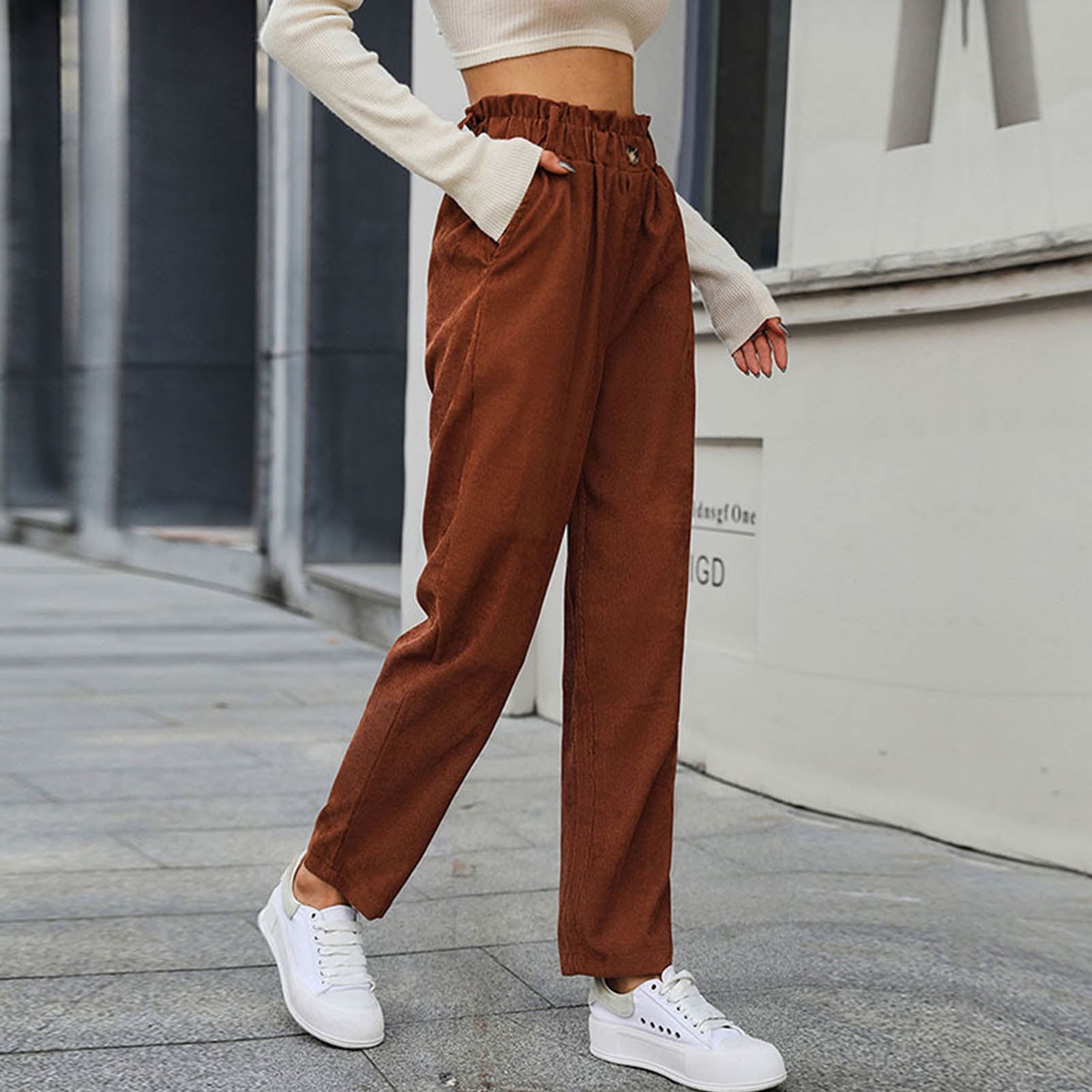Women Button Up Pocket Corduroy Pants Ruffle Trim Elastic Waist Long Trousers Side Pocket Pants For Daily Work Walmart