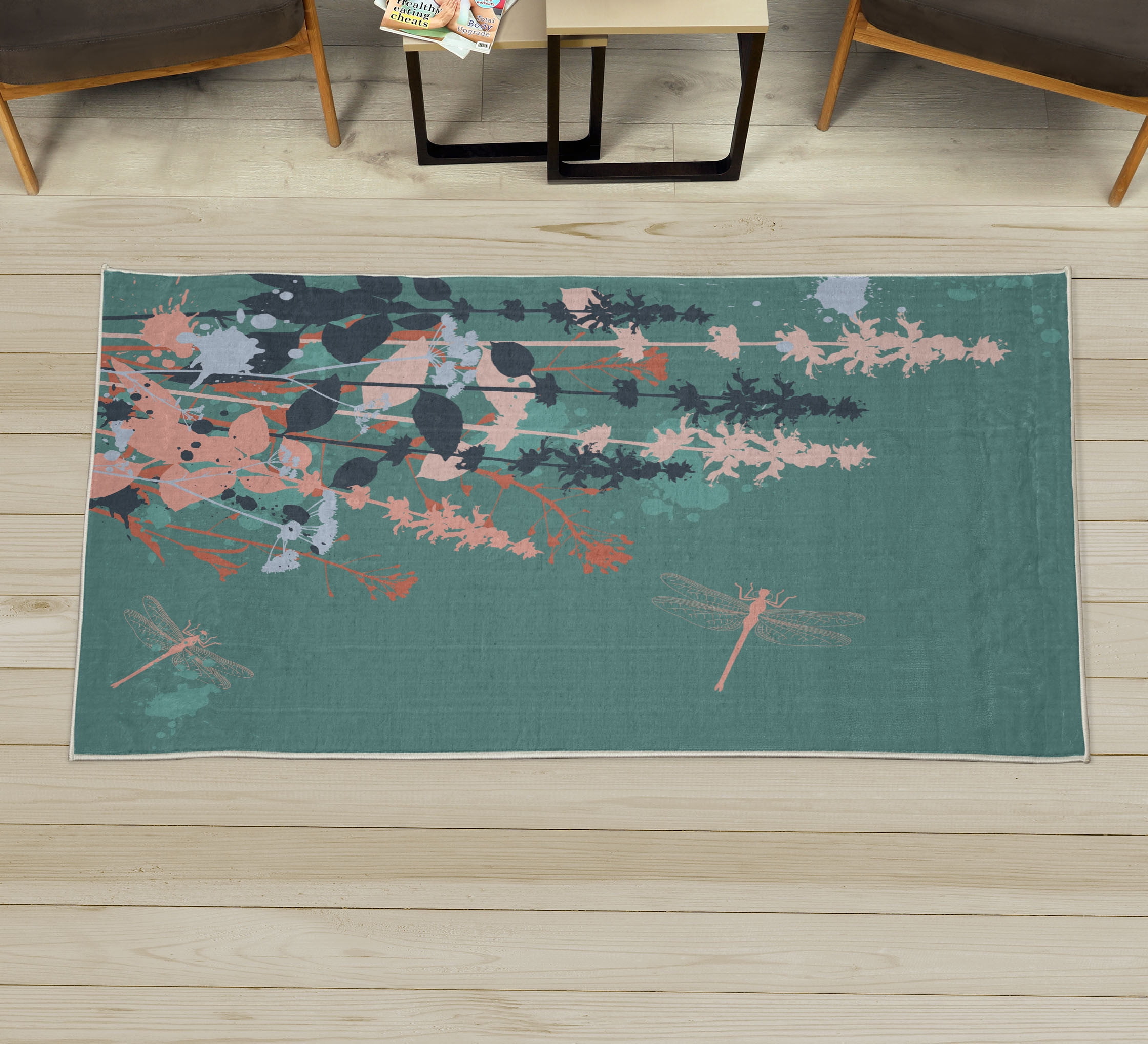 Dragonfly Decorative Rug, Nature Plants Grass with Wildflowers with ...