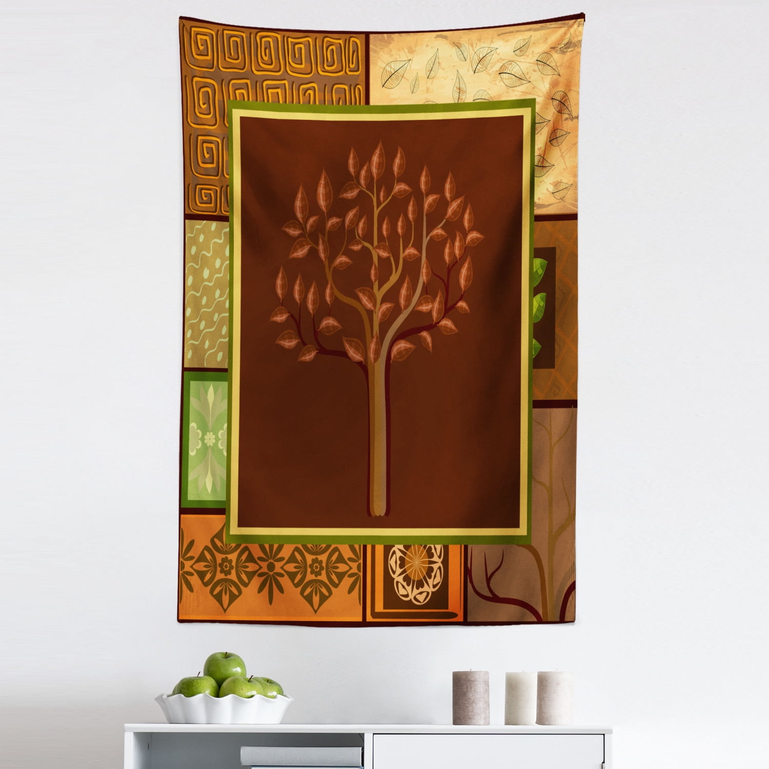 Tribal Tapestry, Tree on Motifs Leaf Floral Ornaments Native Folk ...