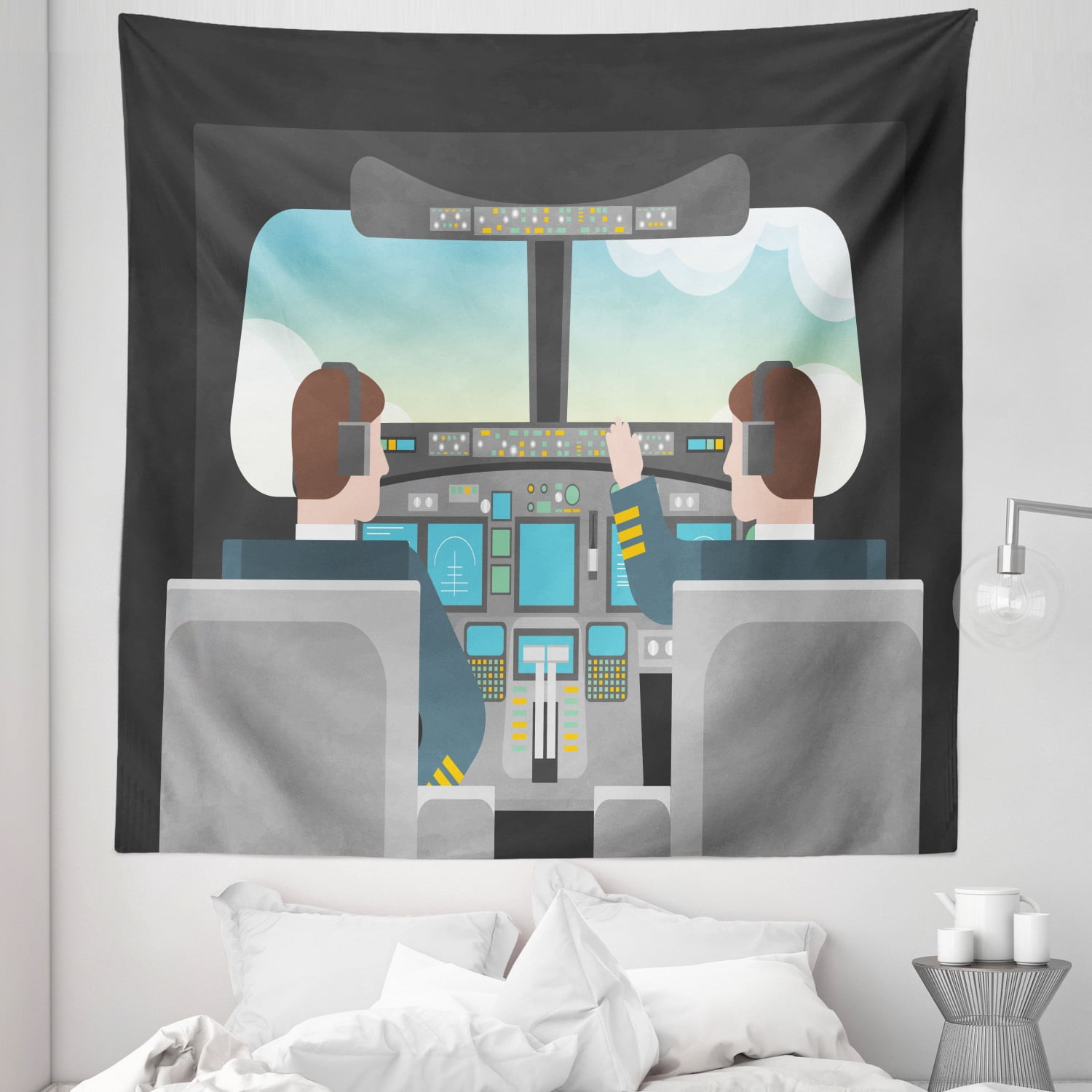 Airplane Cockpit Tapestry, Airline Pilots Controlling and Flying the ...
